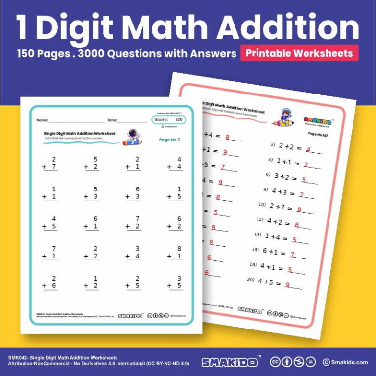 Printable 1 Digit Math Addition Worksheets - Smakido