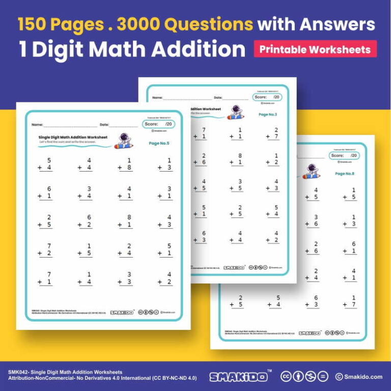 Printable 1 Digit Math Addition Worksheets - Smakido