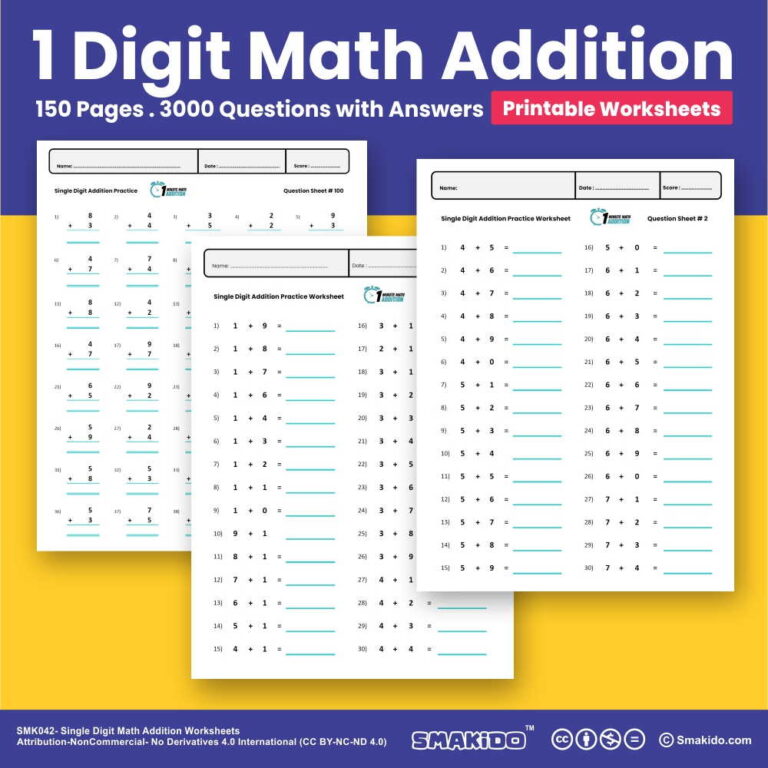 Printable 1 Digit Math Addition Worksheets - Smakido