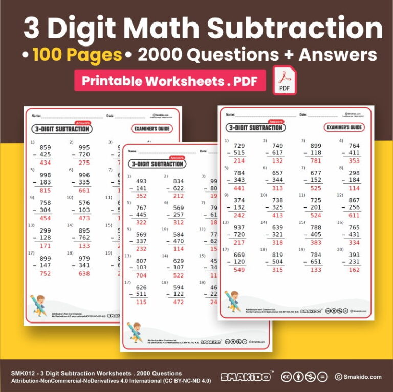 Printable 3 Digit Math Subtraction Worksheets - Smakido
