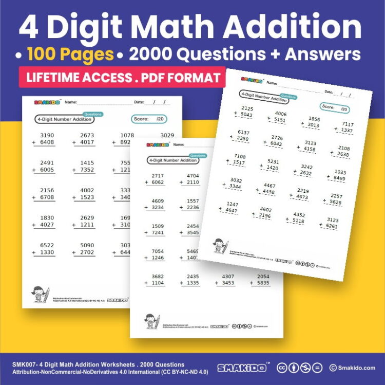 4 Digit Math Addition Printable Worksheets- SMK007 - Smakido