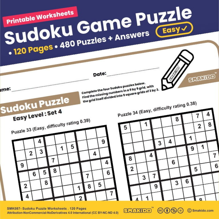 Printable Sudoku Game- 480 Puzzles With Answer Keys (Easy Level) - Smakido