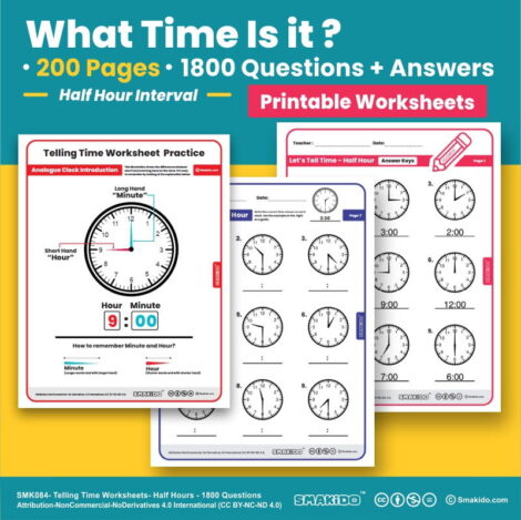 Printable Telling Time Worksheets- Half Hour Interval - Smakido