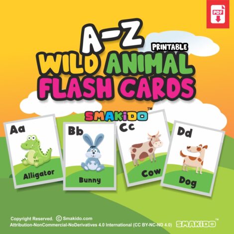 Printable Flash Card: 26 Alphabet Letters A-Z (Animals Series) - Smakido