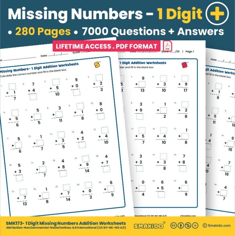 Printable Missing Numbers Math Worksheets- 1 Digit Addition (280 pages ...