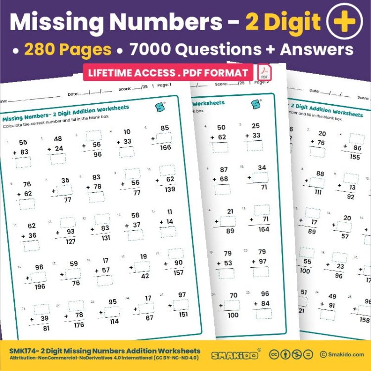 Printable Missing Numbers Math Worksheets- 2 Digit Addition (280 pages ...