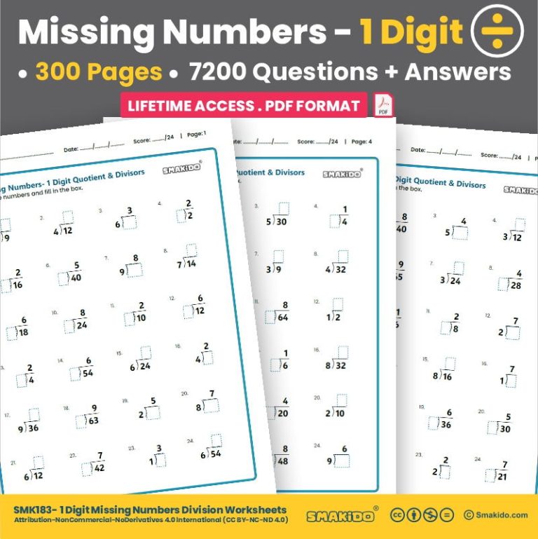 Printable Missing Number Math Worksheets- 1 Digit Division (300pages ...