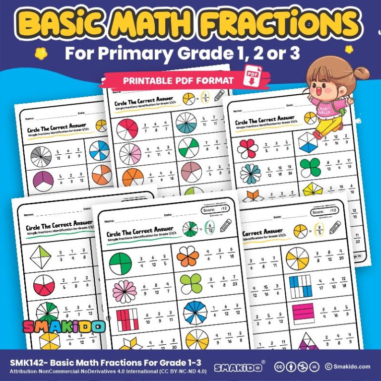 Basic Fractions Math Worksheets | Identifying, Coloring, Matching For ...